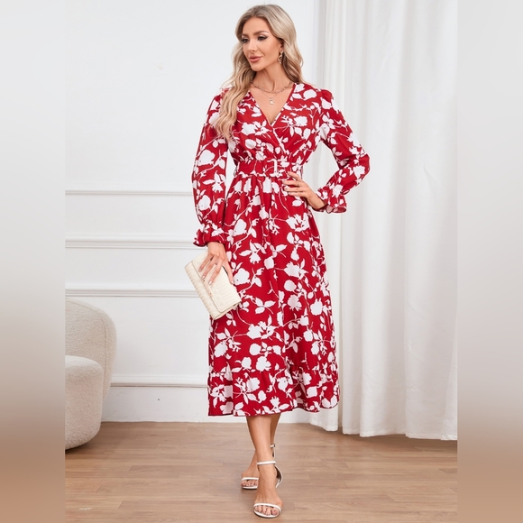 Dresses | Belted Contrasting Floral Surplice Vneck Long Sleeve Ruffle ...